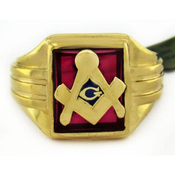 Accessories | Lab Created Ruby Masonic Mens Ring 1k Yellow Gold | Poshmark